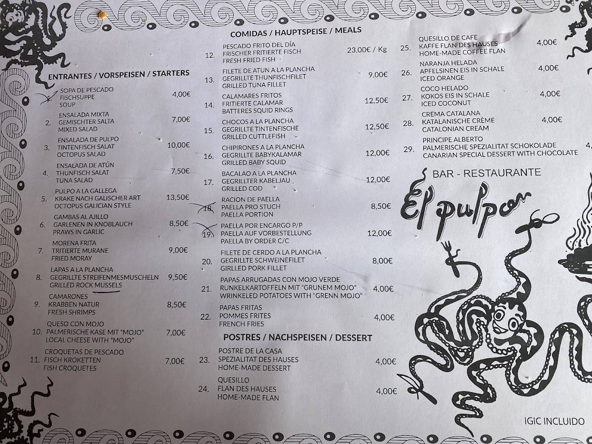 Carta de Restaurante El Pulpo, Los Cancajos