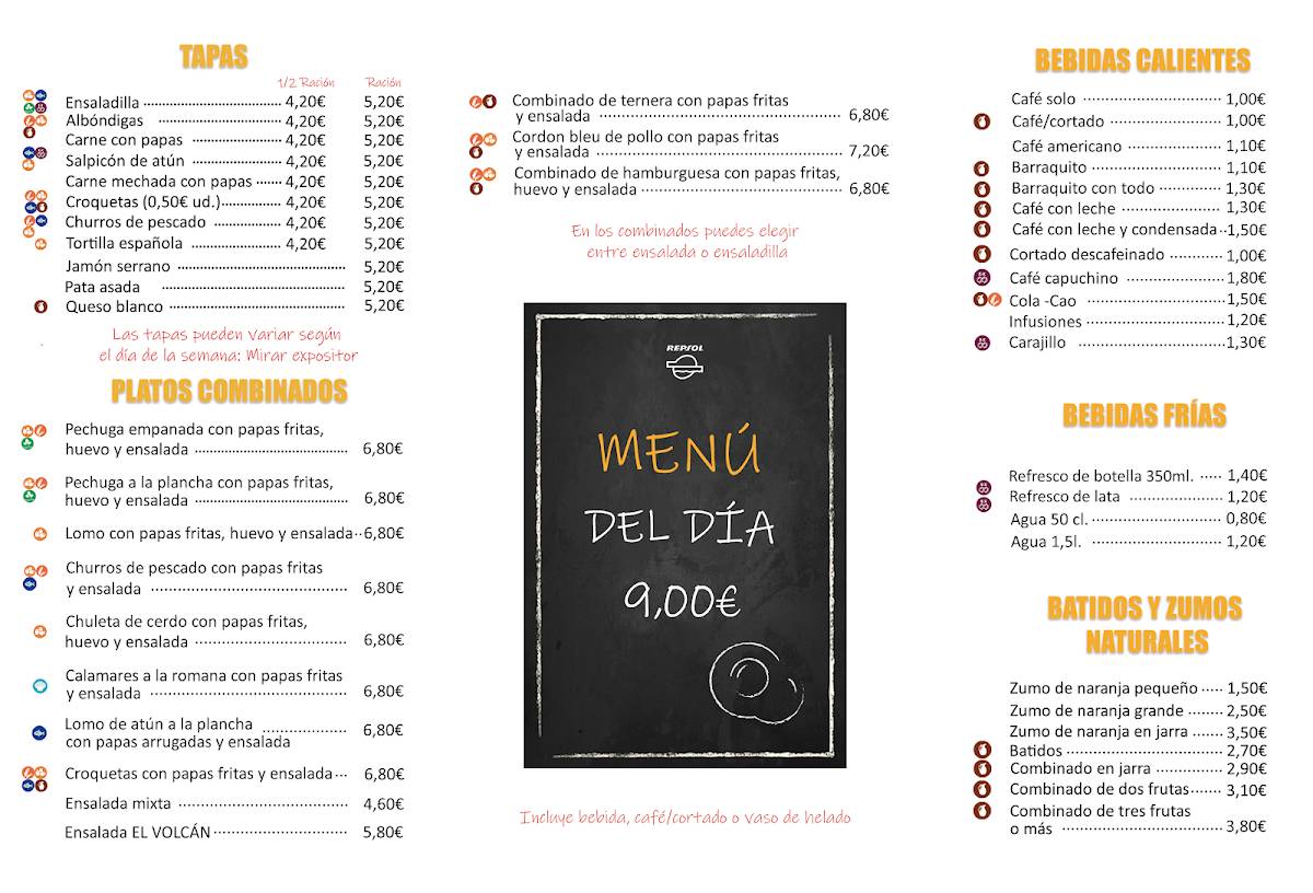 Carta del pub y bar El Volcán, La Hidalga