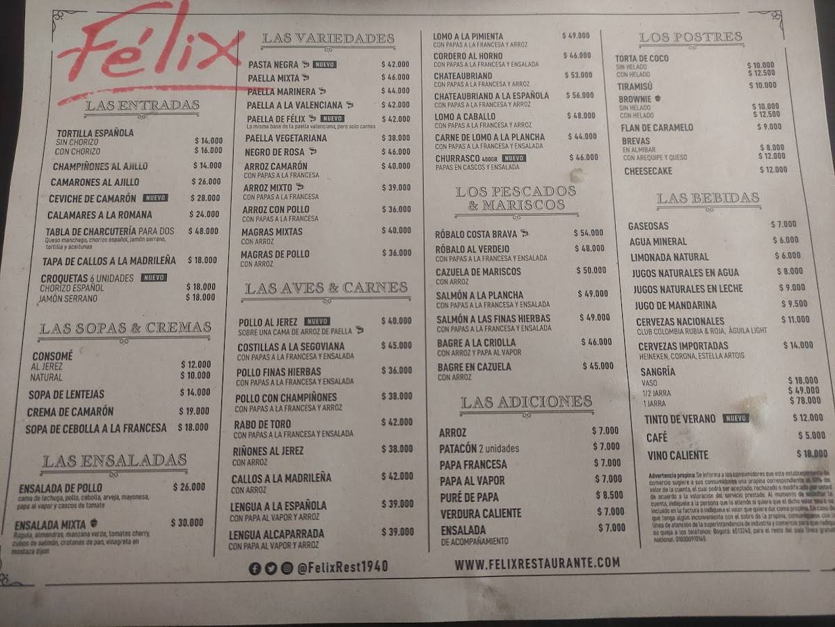 Carta de Restaurante Félix, Bogotá, Av Jimenez de Quesada # 4-80