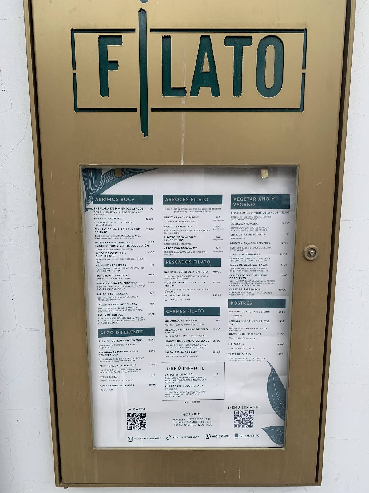 Carta de Restaurante Filato, Alcala de Henares