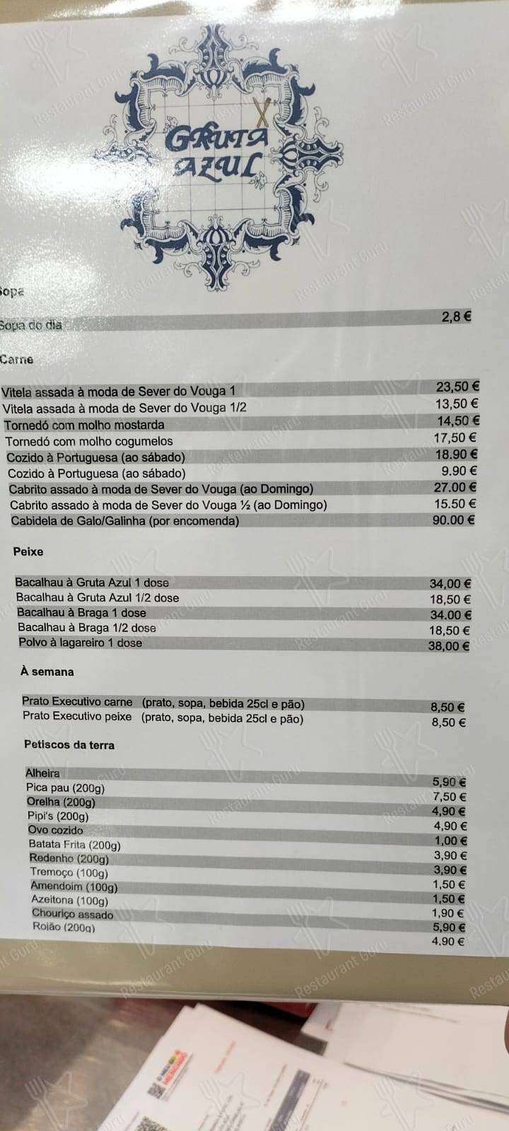 Menu em Restaurante Gruta Azul, Porto, R. Aires de Ornelas 47