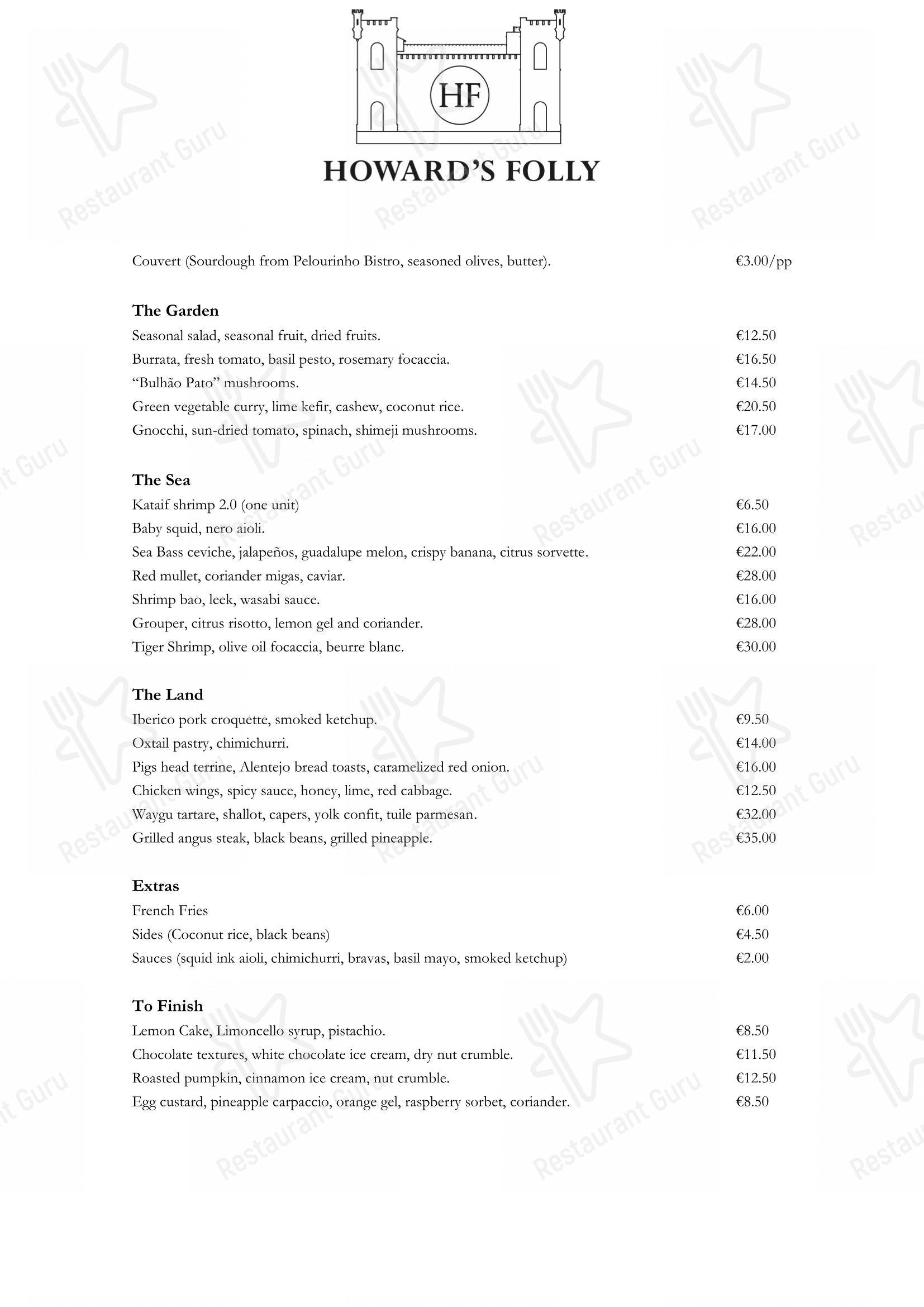 Menu em Howard's Folly restaurante, Estremoz
