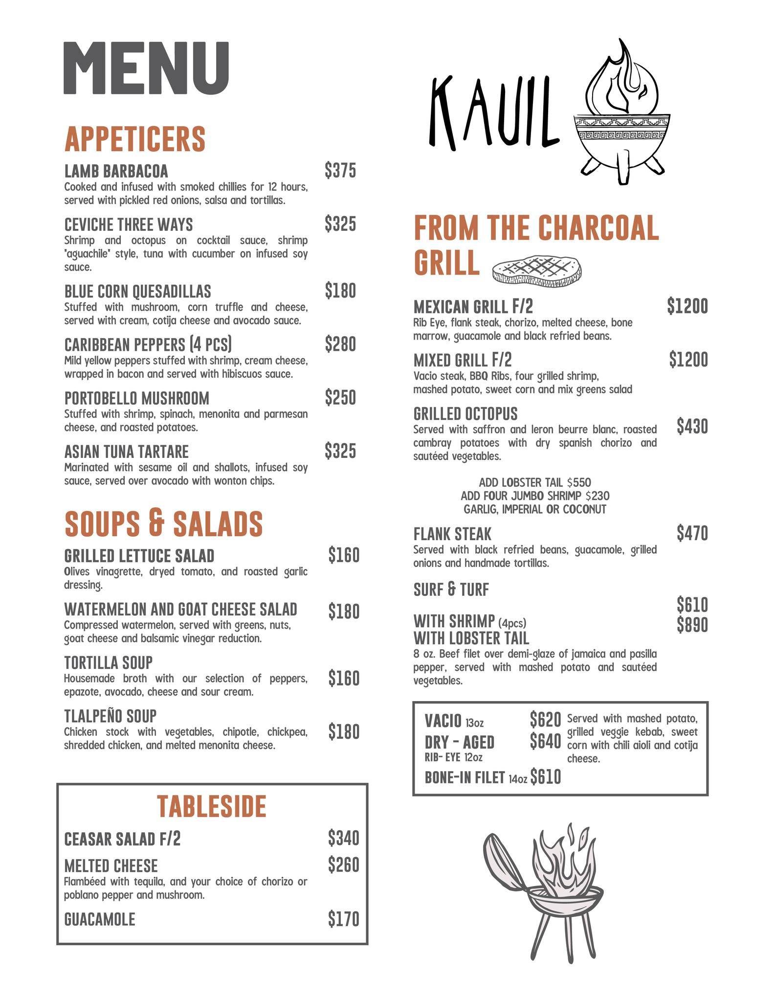 Menu at Restaurante Kauil, Cabo San Lucas