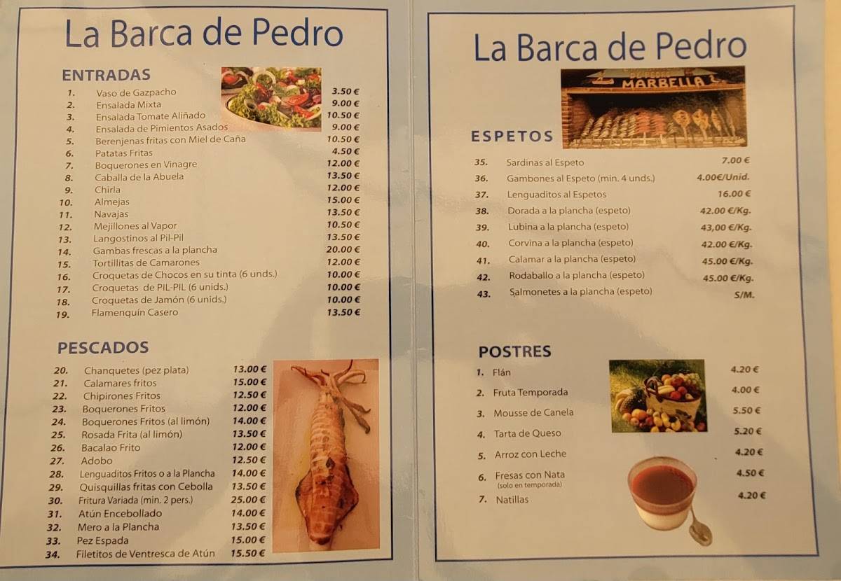Carta de Restaurante La Barca de Pedro, Marbella