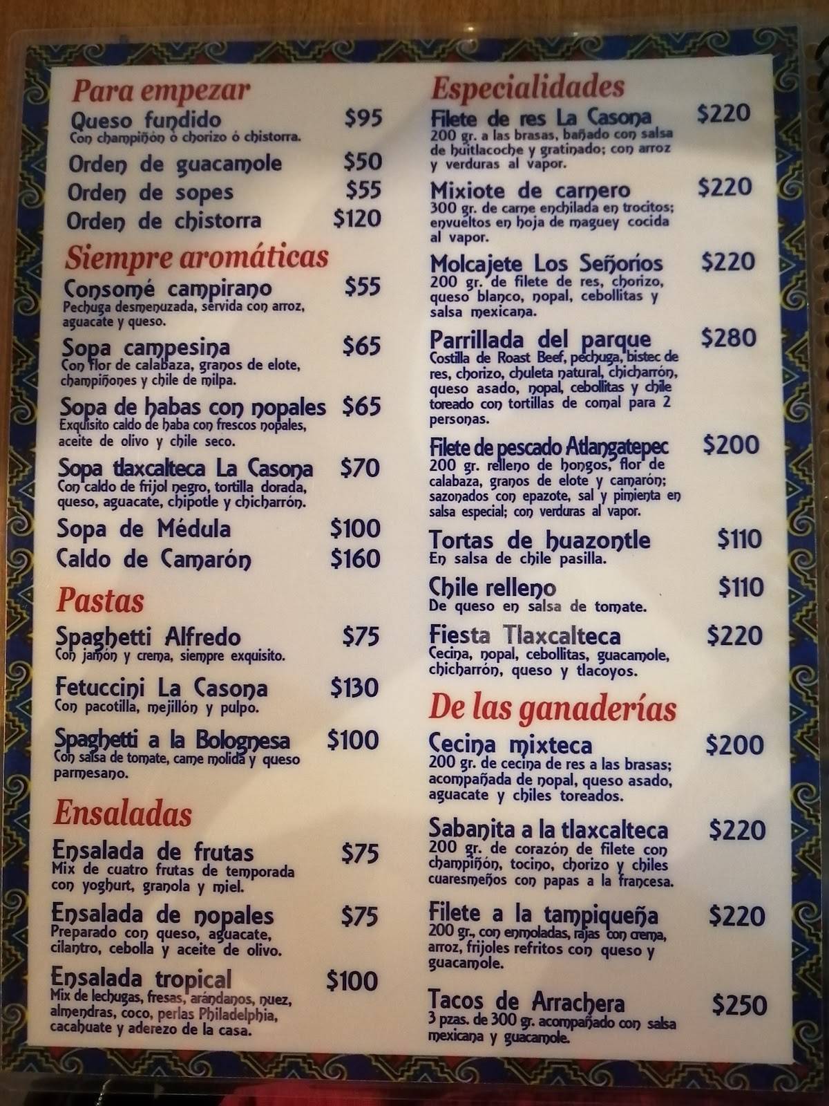 Carta de Restaurante La Casona de Tlaxcala, Tlaxcala de Xicohtencatl
