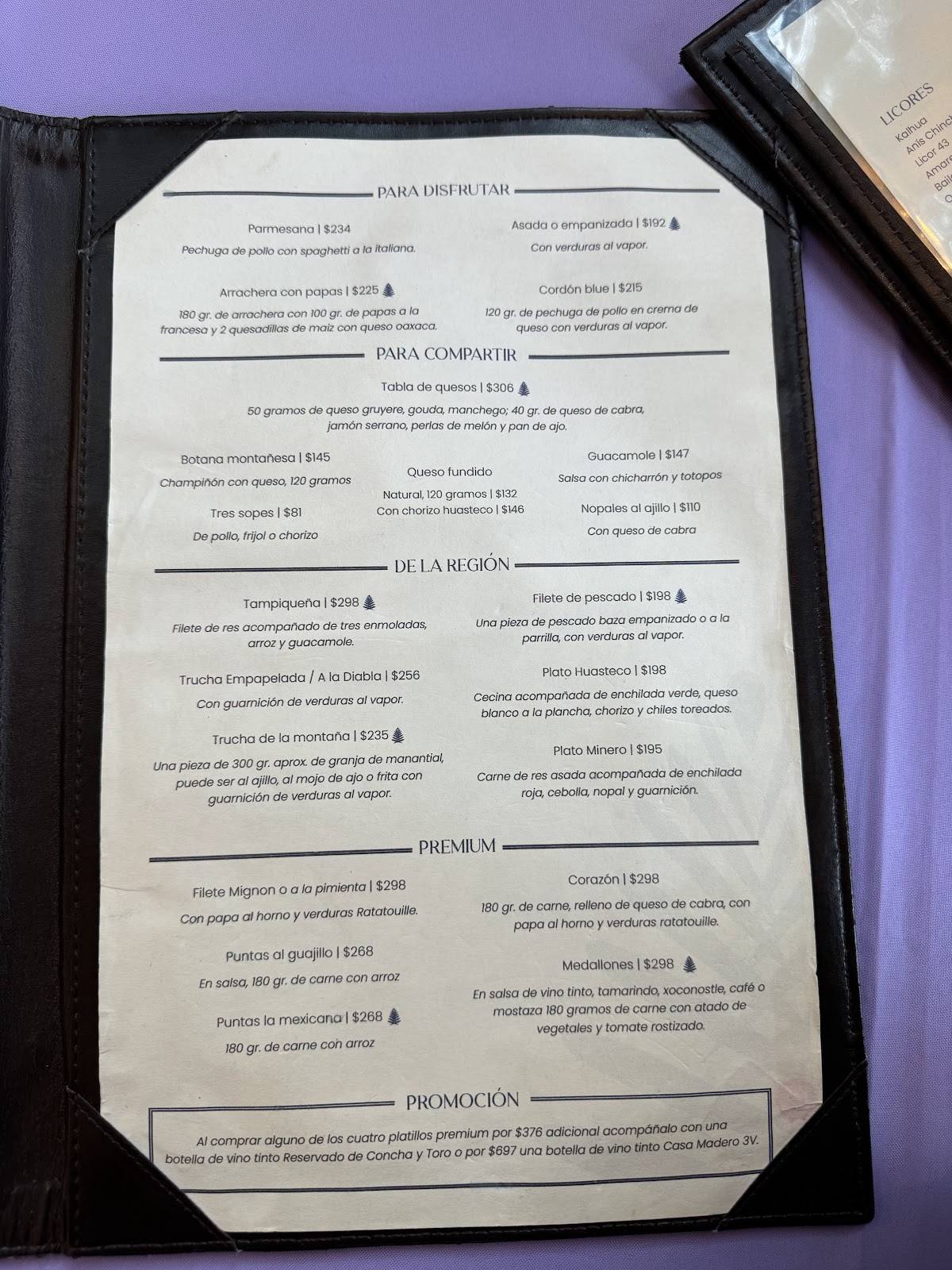Carta de Restaurante La Montaña, Mineral del Chico