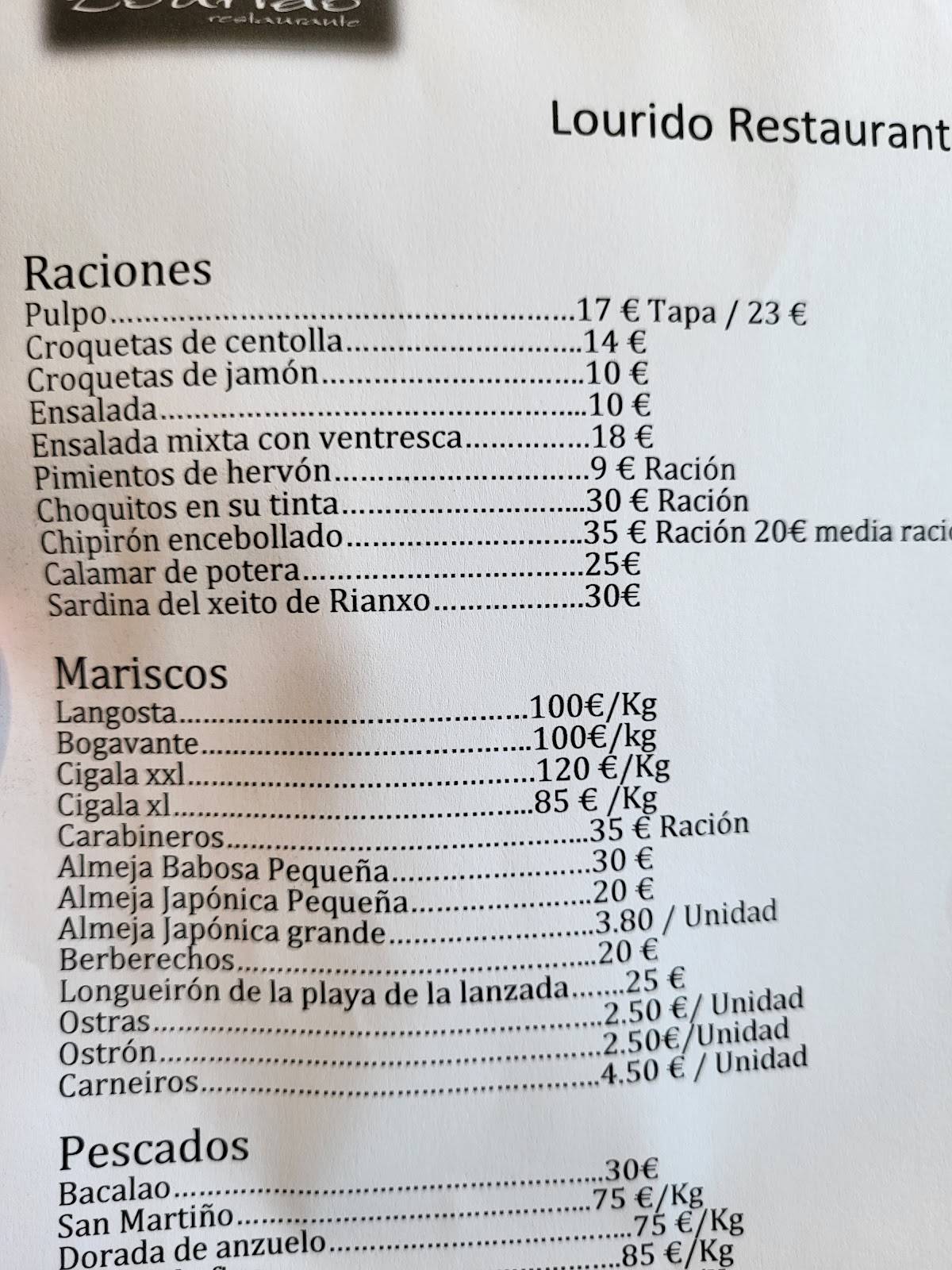 Carta de Bar Restaurante Lourido, Poyo, Avenida de la playa N 24 lourido