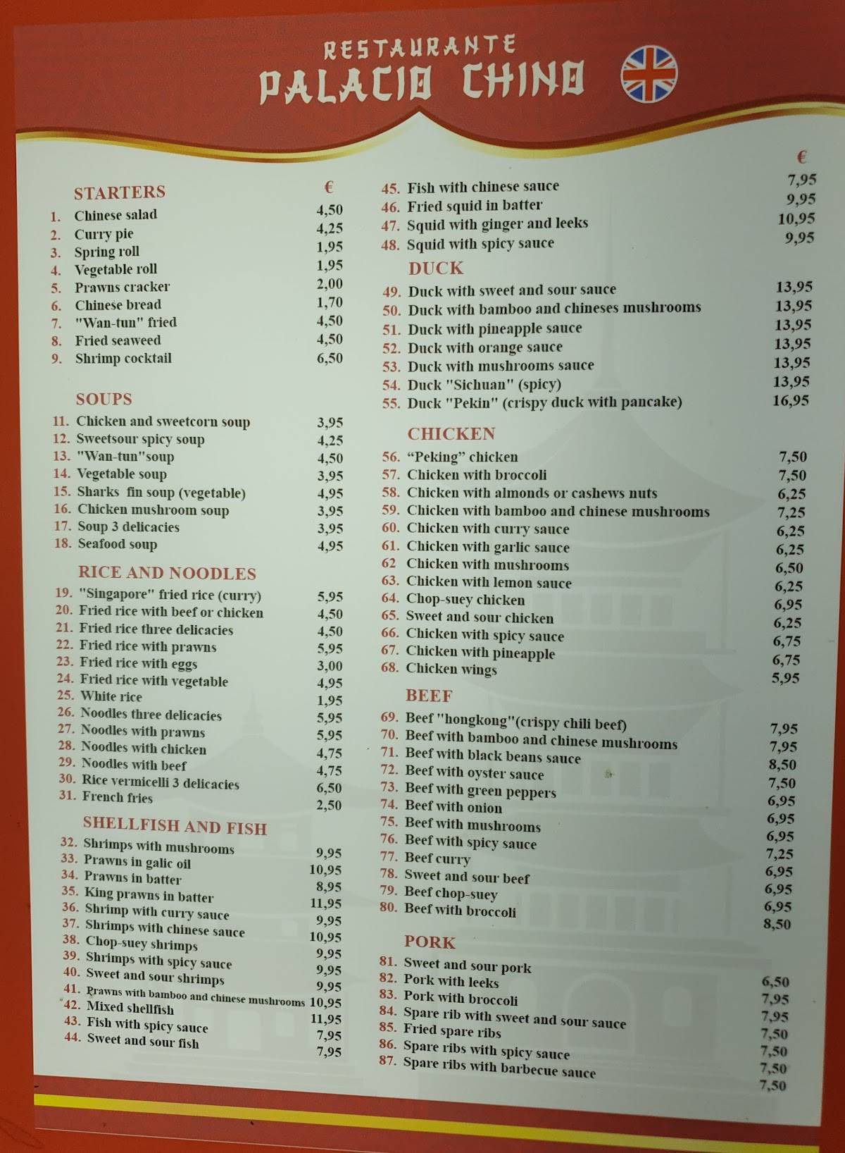 Carta de Restaurante Palacio chino, Arguineguin
