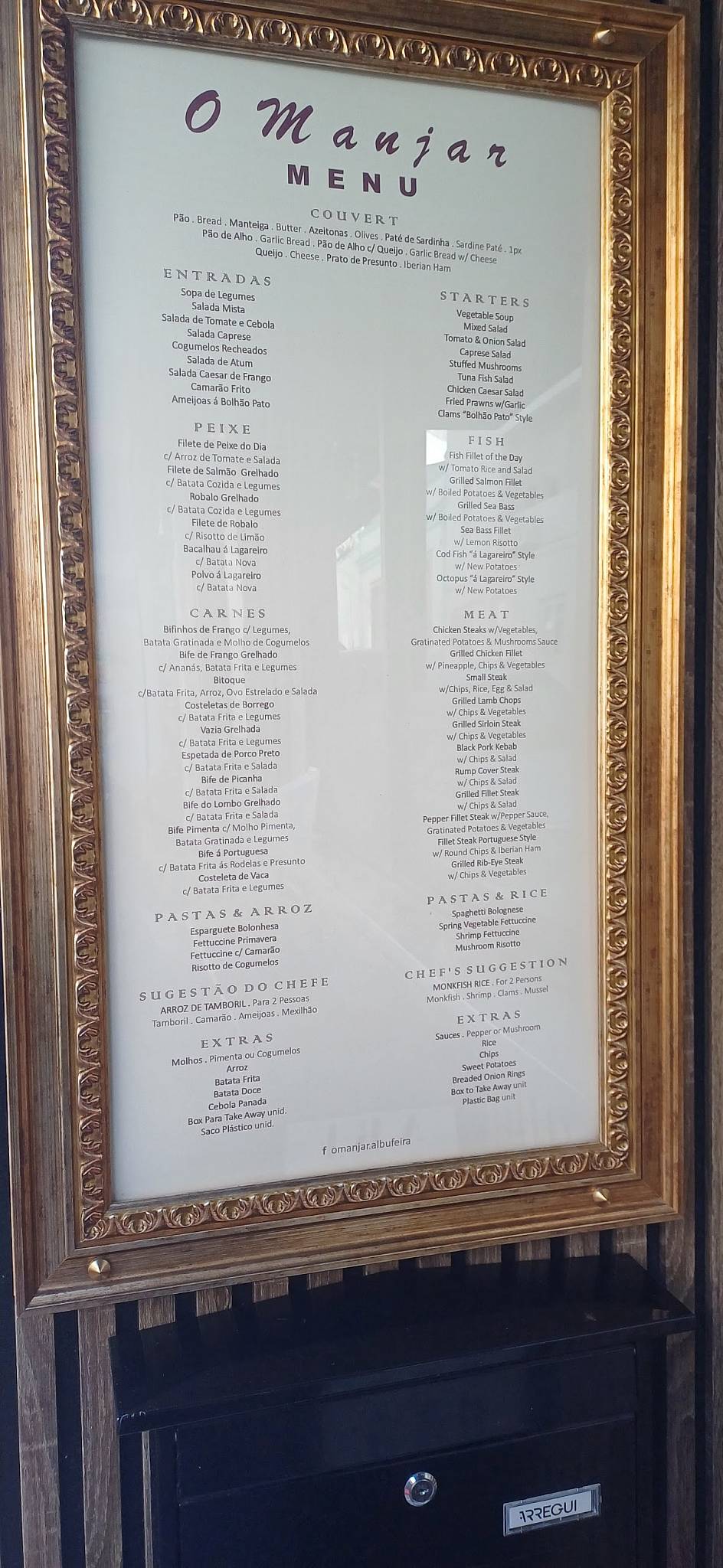 Menu at Restaurante o manjar, Albufeira