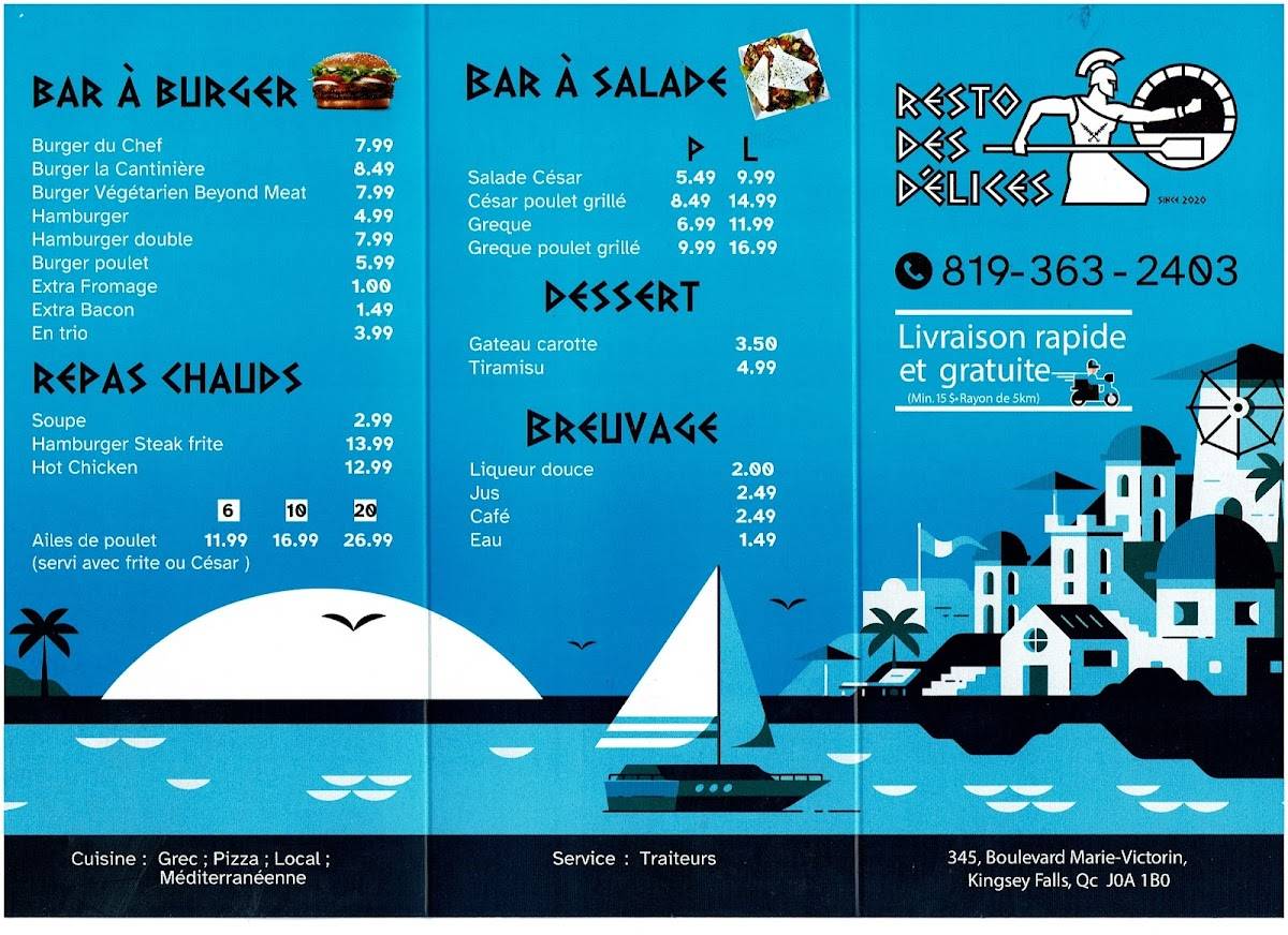 Menu au Resto Des Délices restaurant, Kingsey Falls