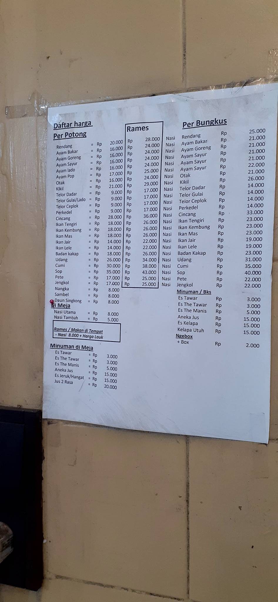 Menu at Restoran Minang Sinar Budi restaurant, Tangerang