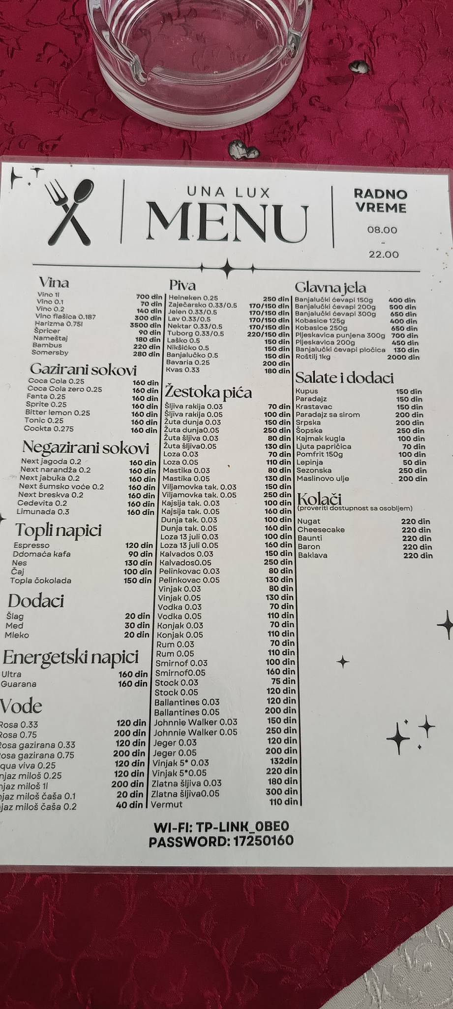 Menu at Restoran UNA LUX restaurant, Pancevo