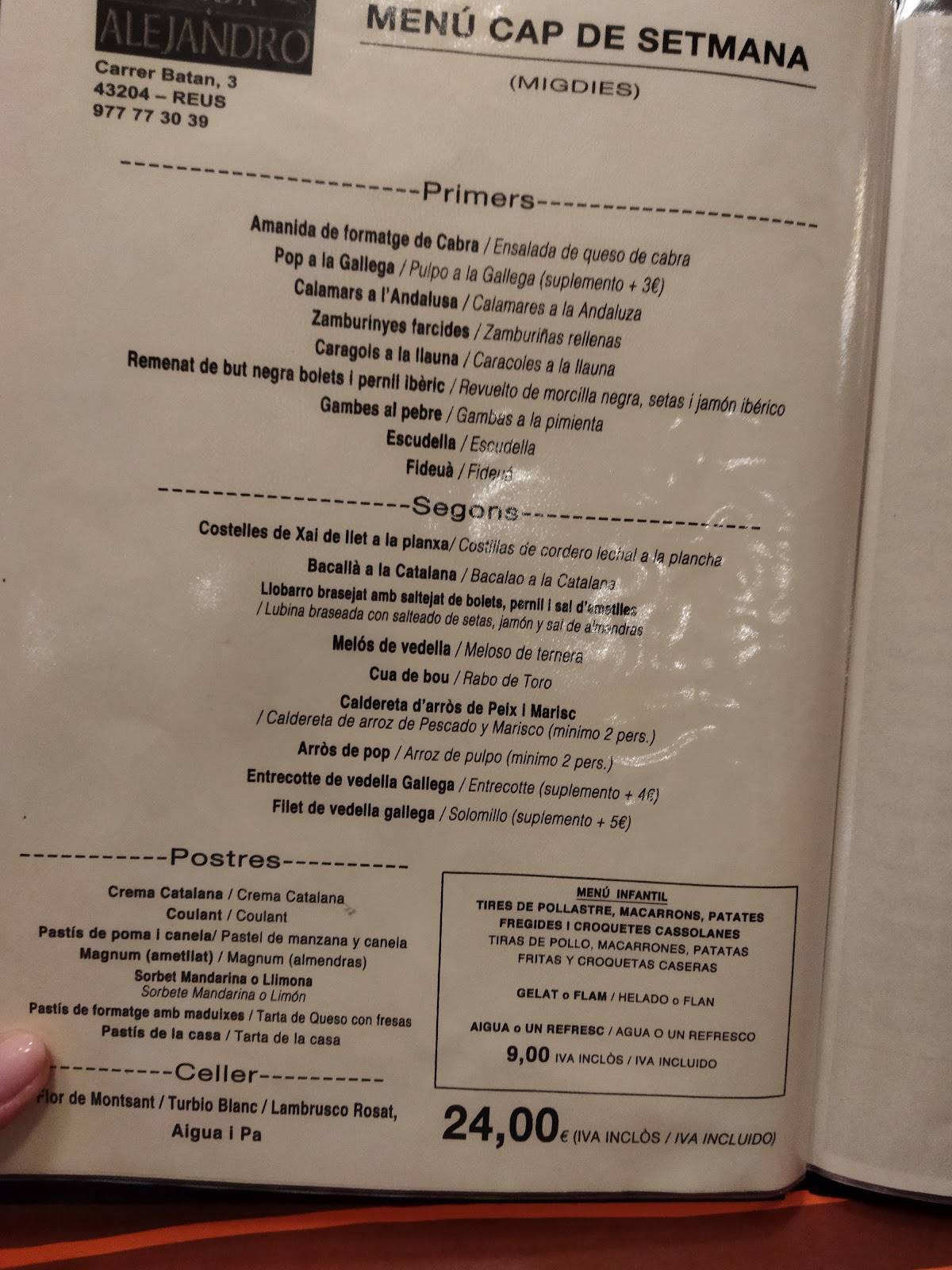Carta del restaurante Casa Alejandro, Reus, Carrer del Batan