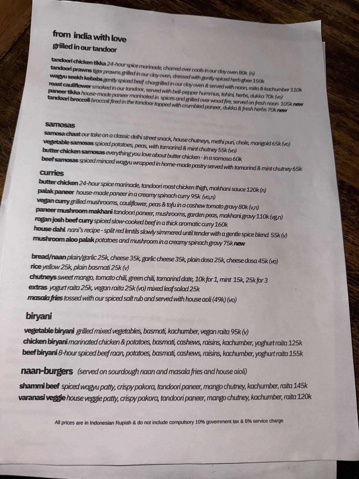 Menu at RiZE Bali restaurant, Pererenan
