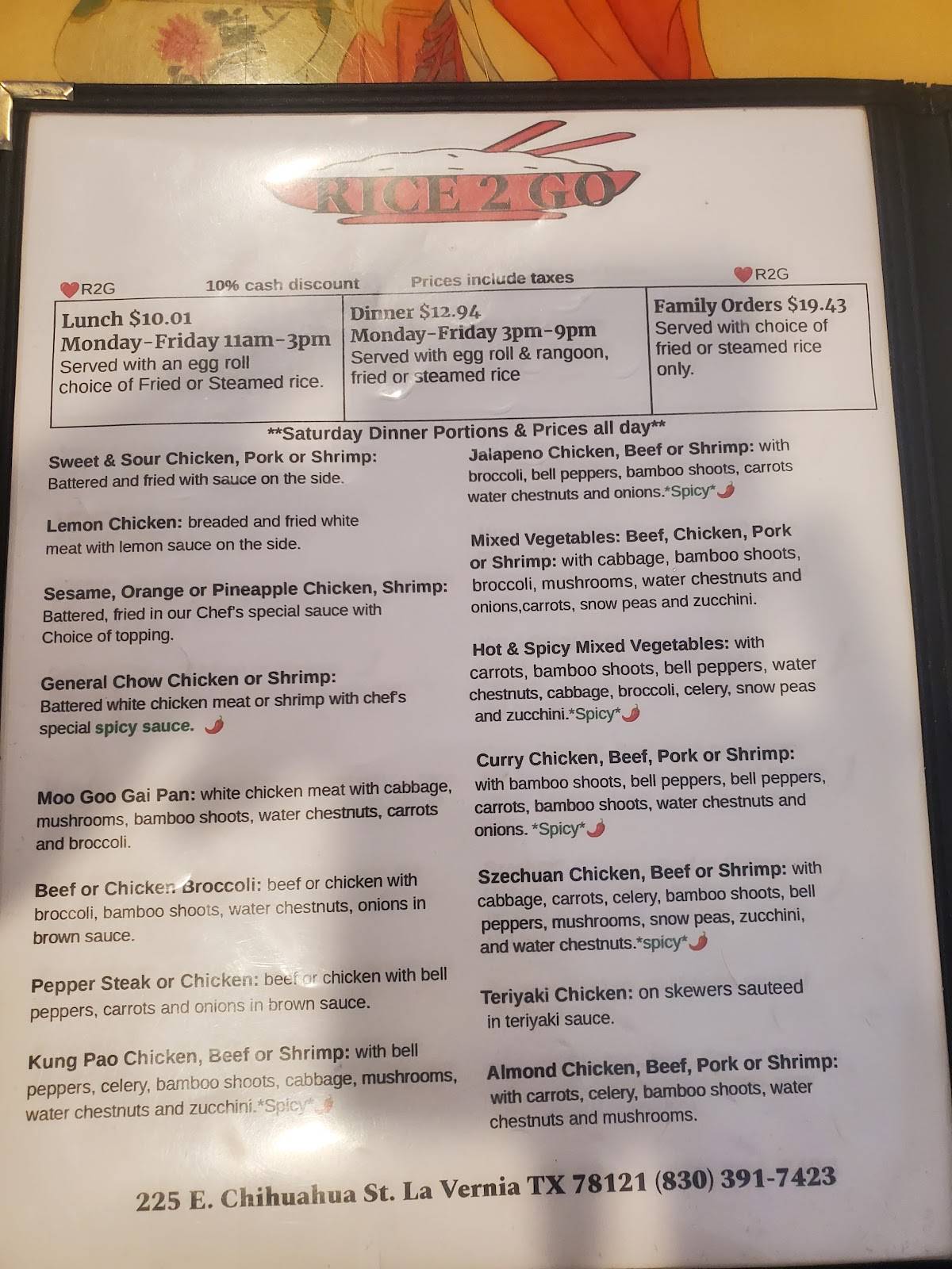 Menu at Rice 2 Go restaurant, La Vernia