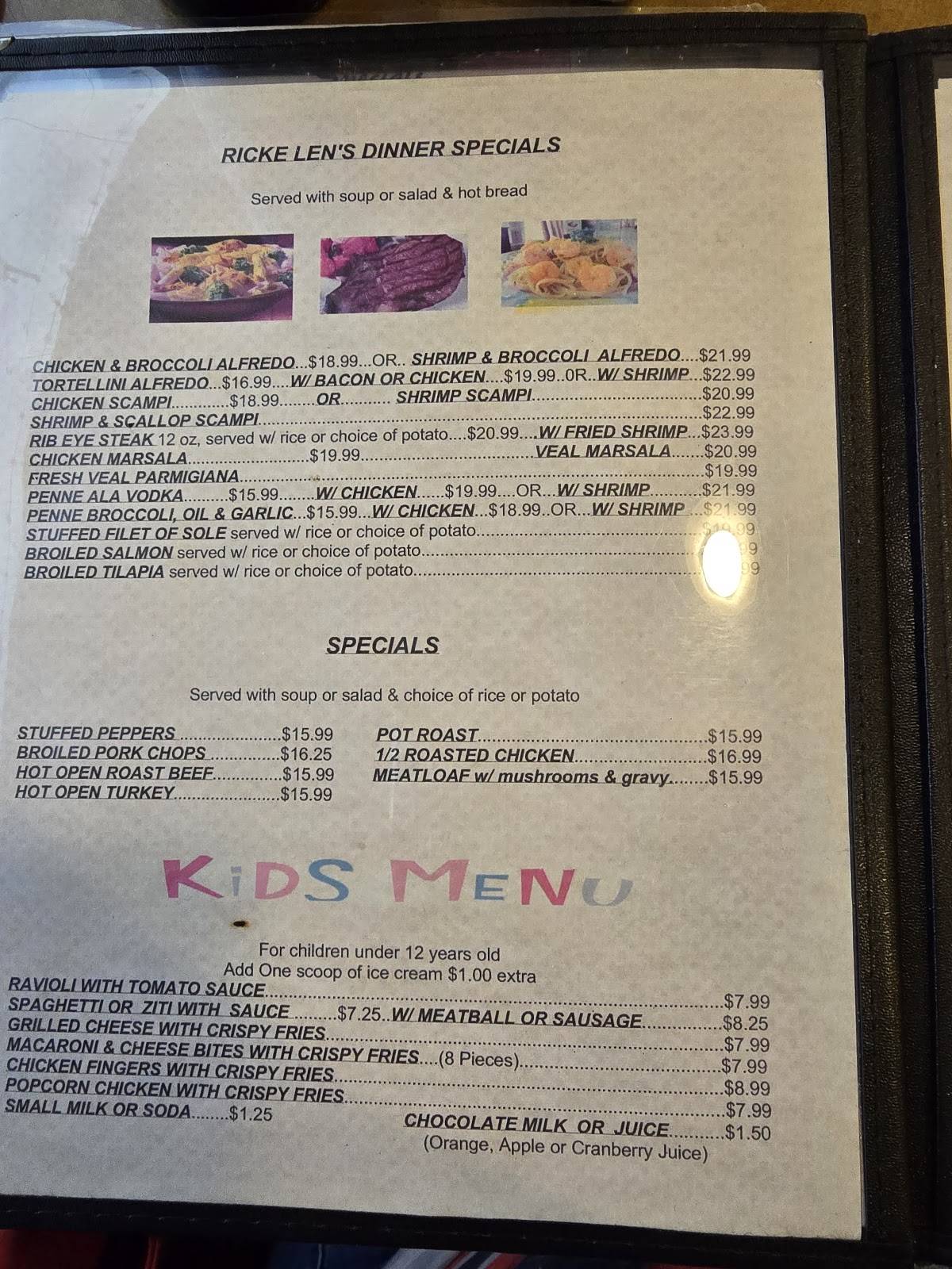 Menu at Ricke Len's pizzeria, Napanoch, US-209