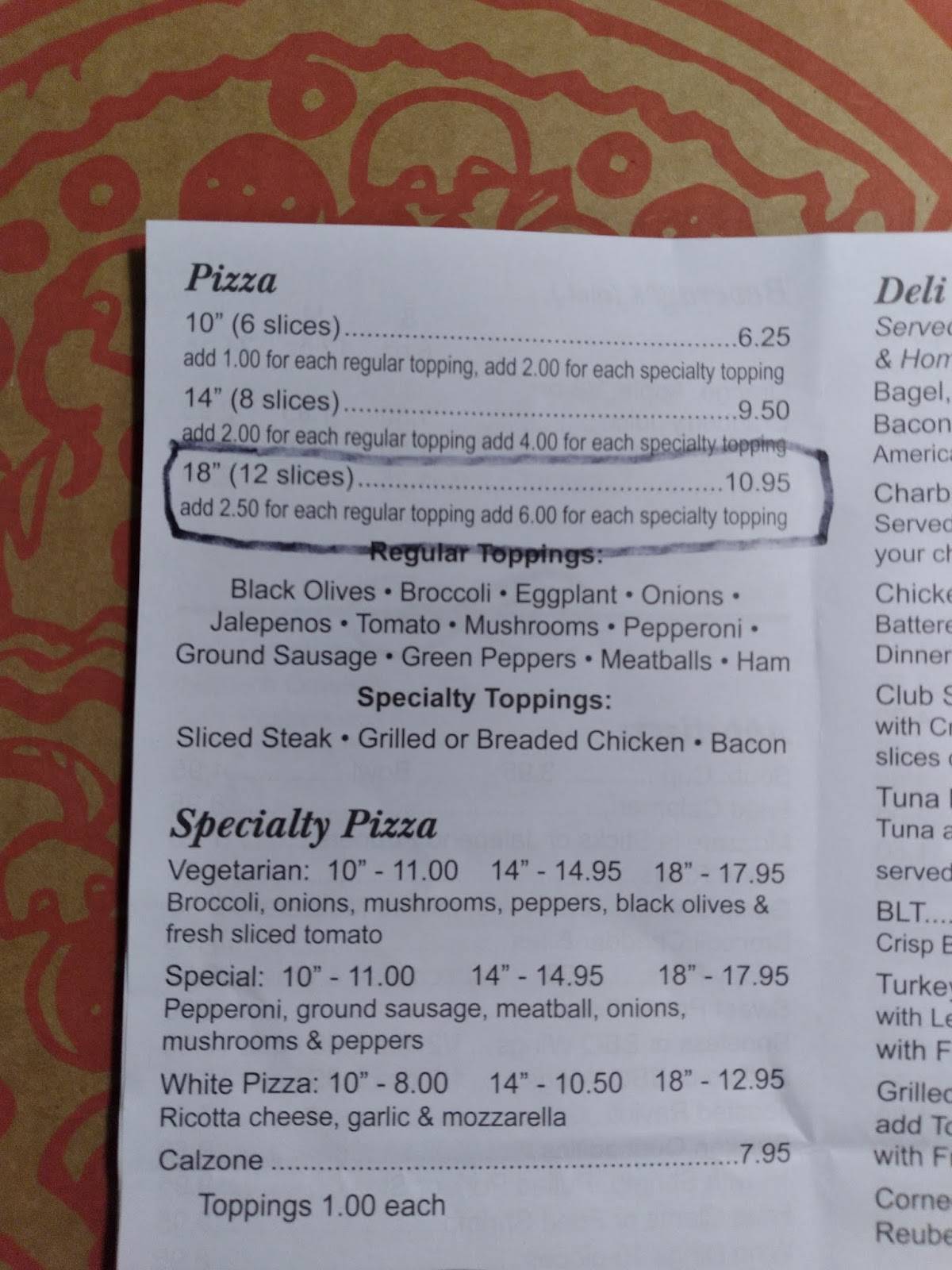 Menu at Ricke Len's pizzeria, Napanoch, US-209