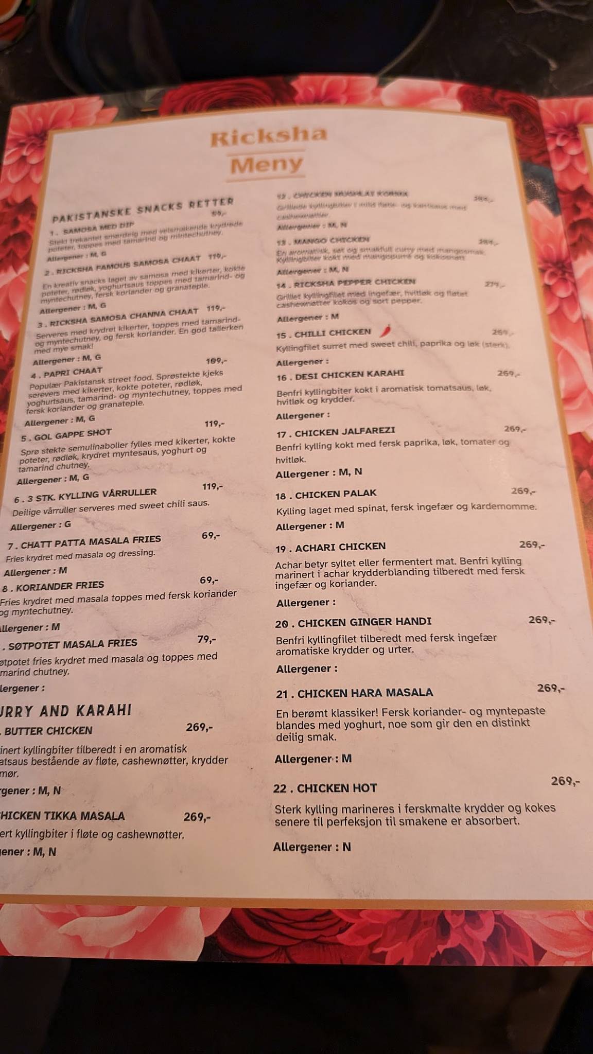 Menu at Ricksha Pakistani Street food restaurant, Oslo