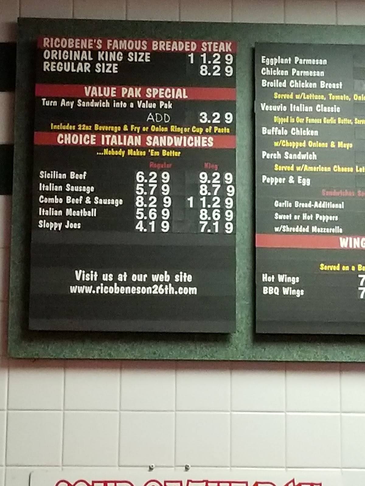 Menu at Ricobene's pizzeria, Chicago, 252 W 26th St