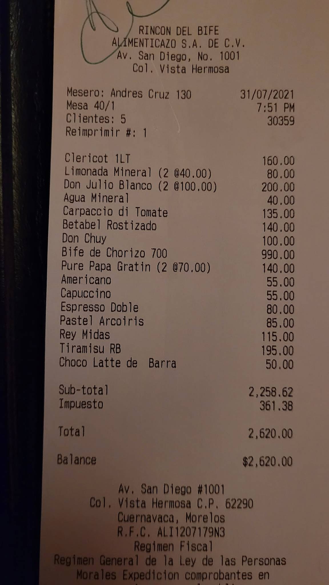 Carta del restaurante Rincón del Bife, Cuernavaca
