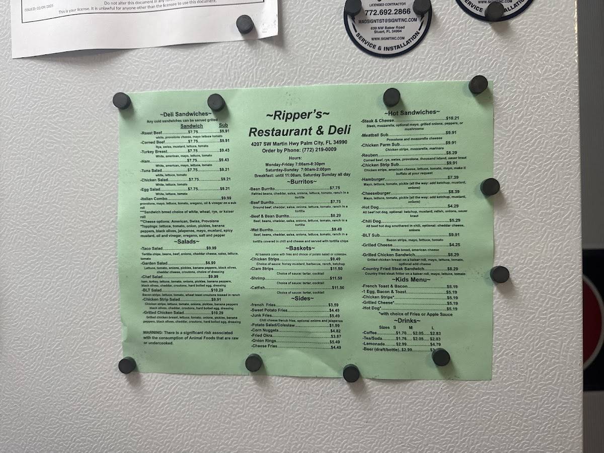 Menu at Ripper's Restaurant, Palm City