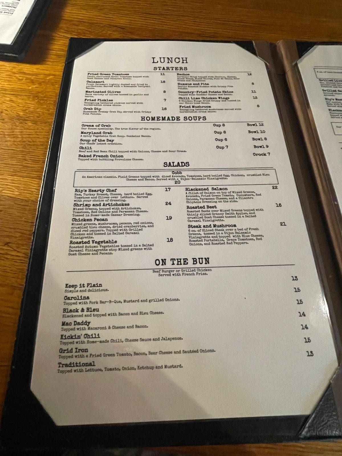 Menu at Rips Country Inn pub & bar, Bowie