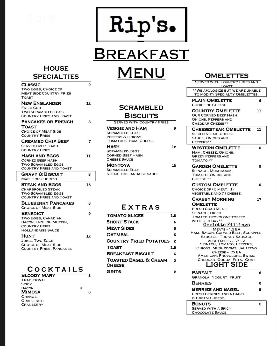 Menu at Rips Country Inn pub & bar, Bowie