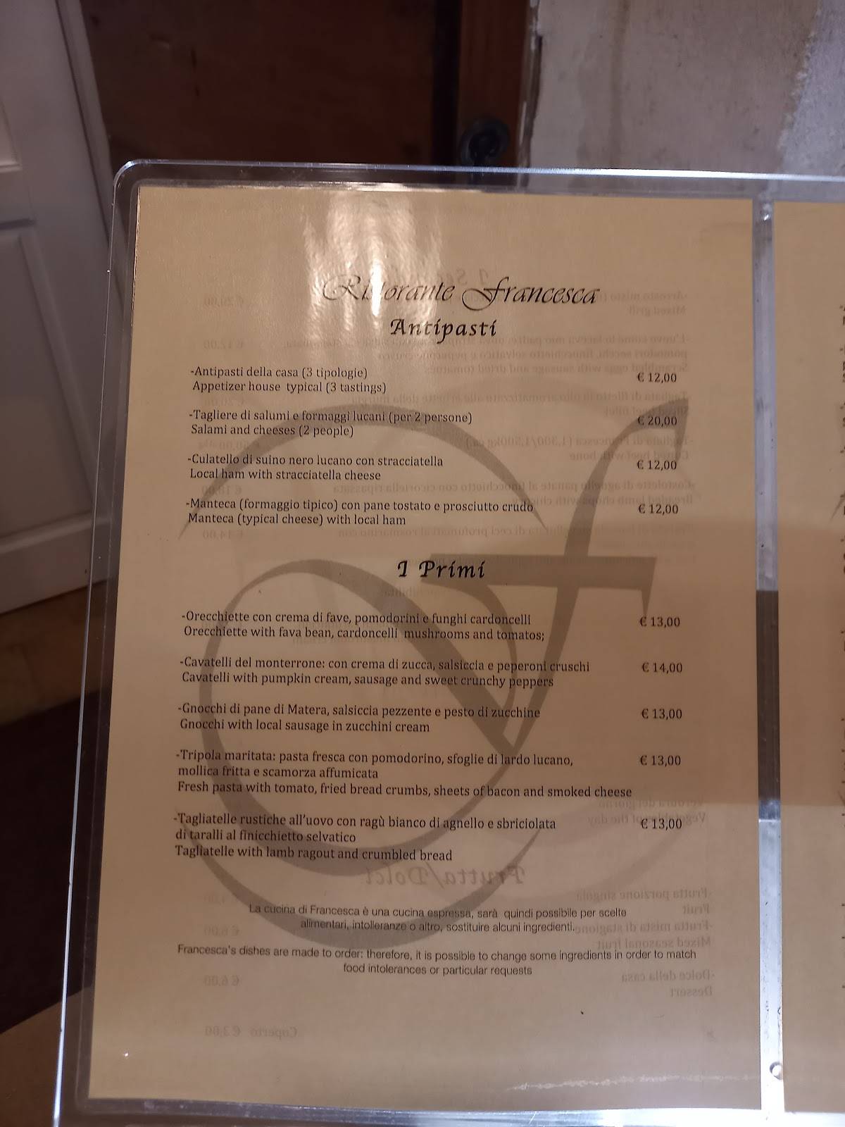 Menu at Ristorante Francesca, Matera