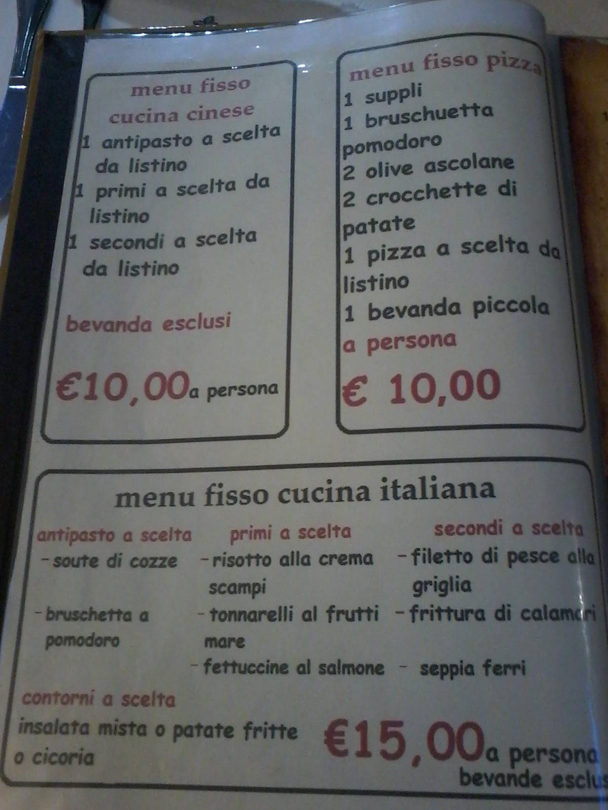 Menu da Ristorante La Luna, Roma, Via dei Castani