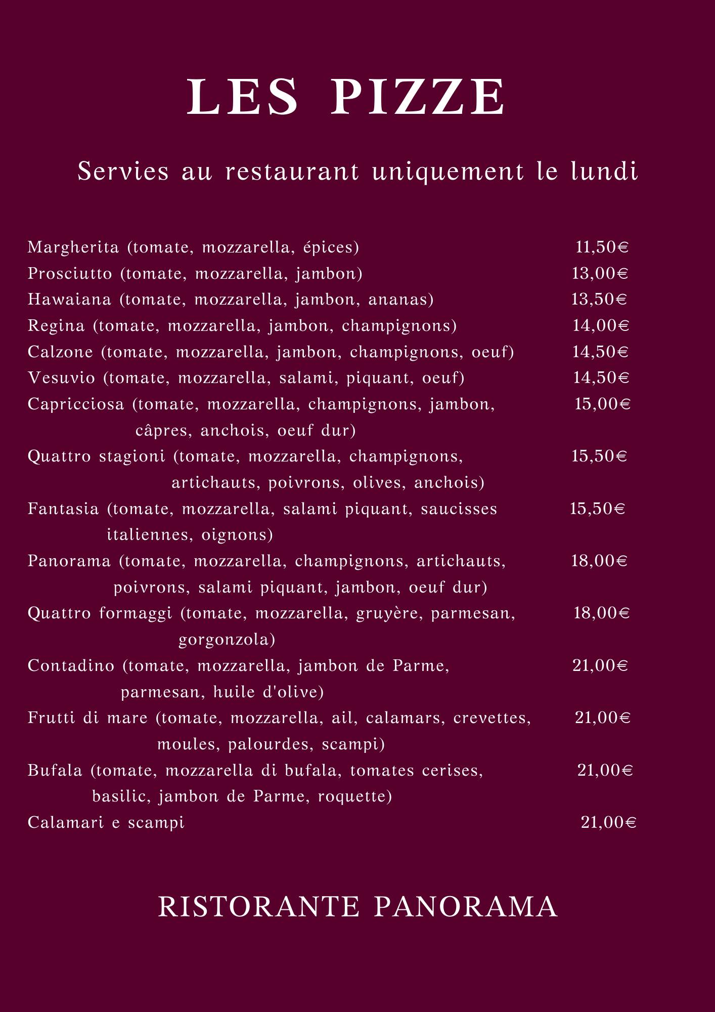 Menu au Ristorante Panorama restaurant, Wavre