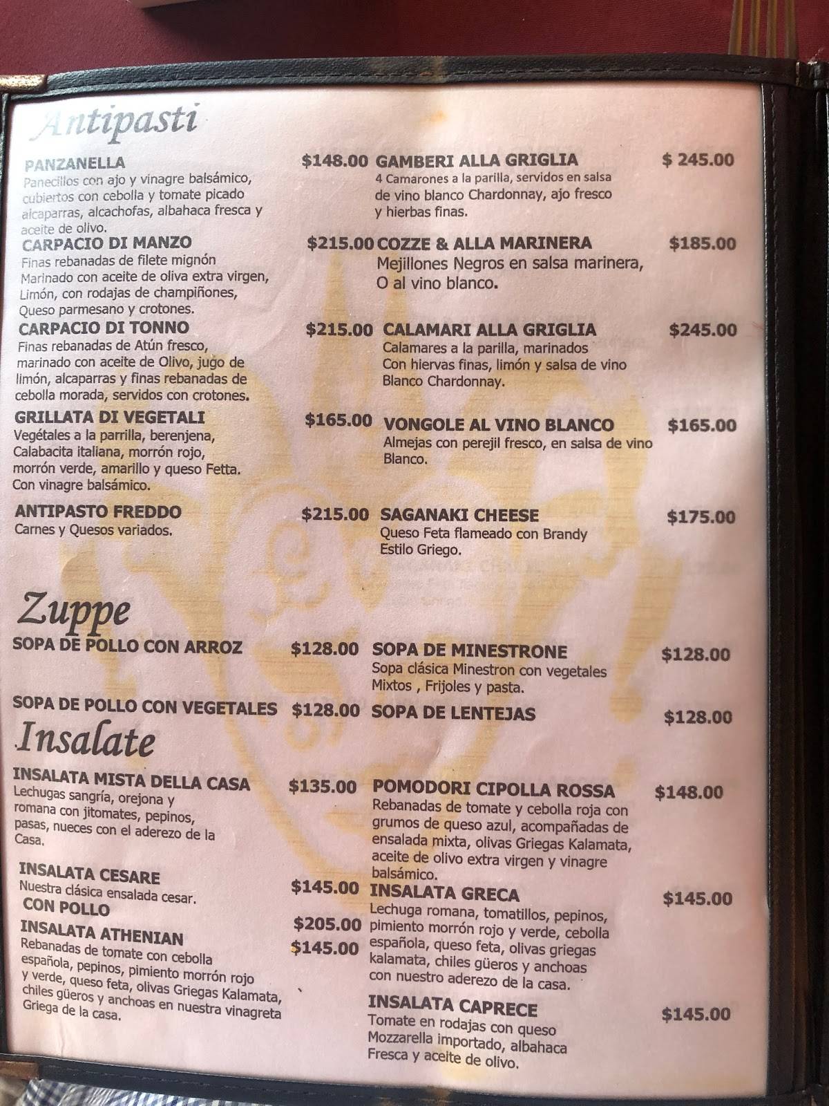 Menu at Ristorante il Mare restaurant, Zihuatanejo