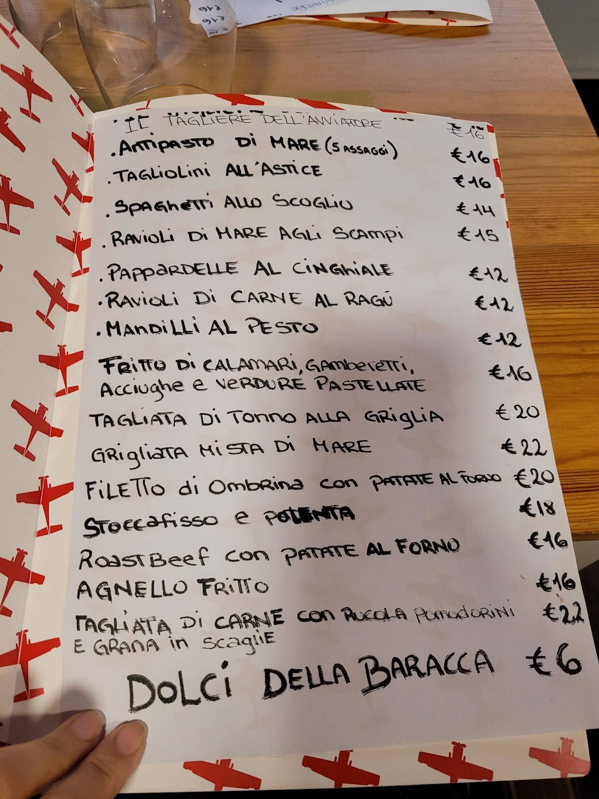 Menu da La baracca dell'aviatore, Sarzana