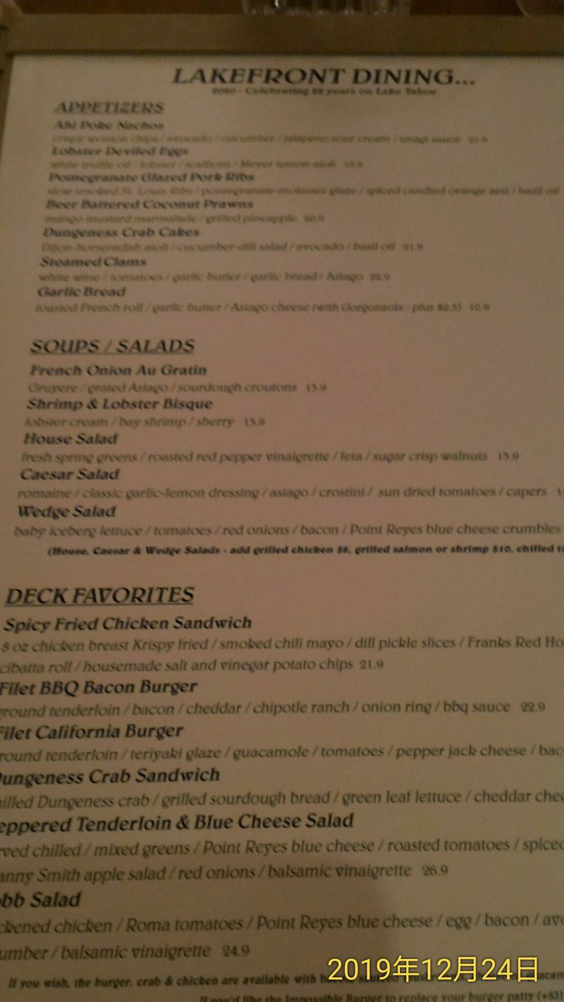 Menu at Riva Grill On the Lake pub & bar, South Lake Tahoe