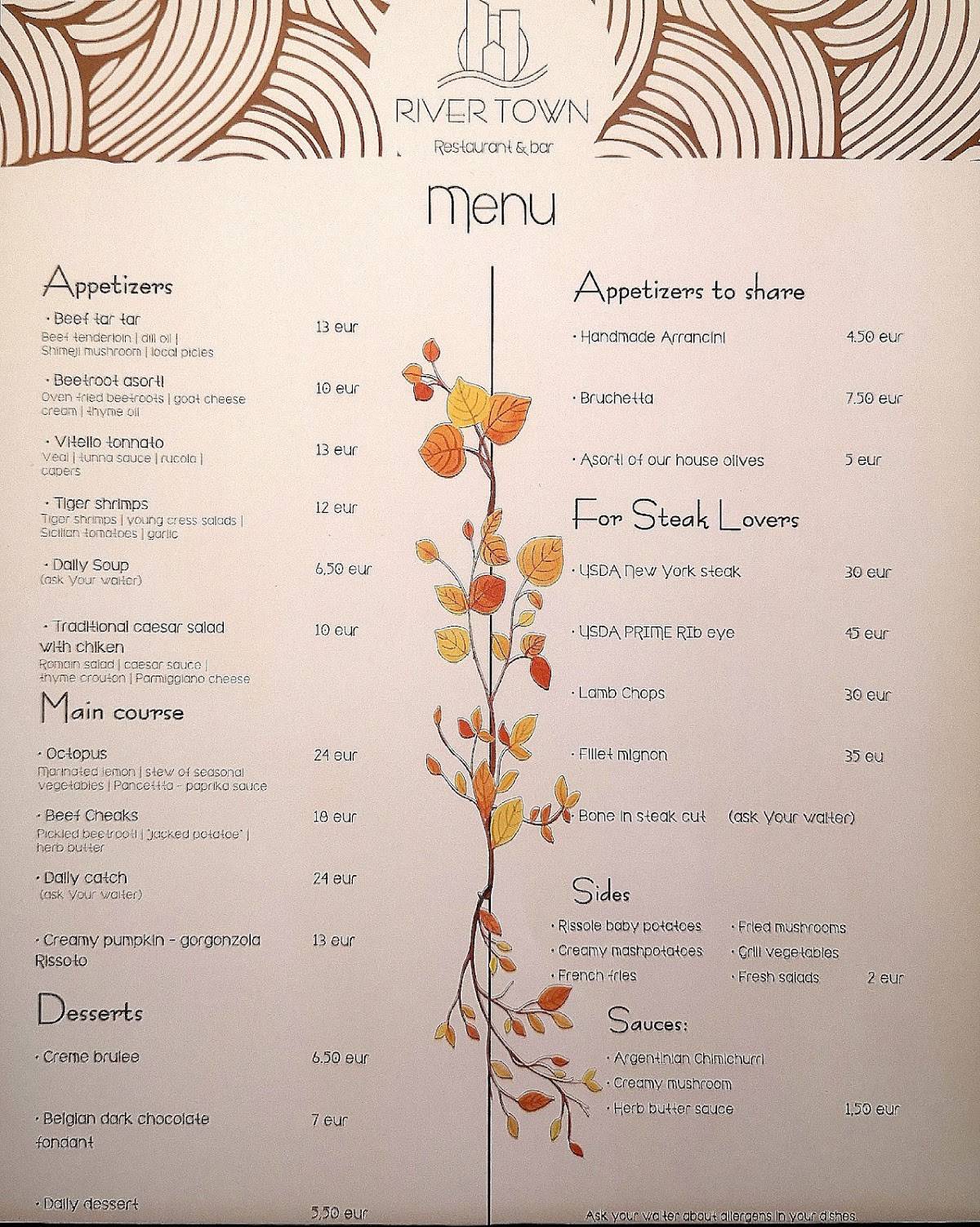 Speisekarte von River Town restaurant, Vilnius