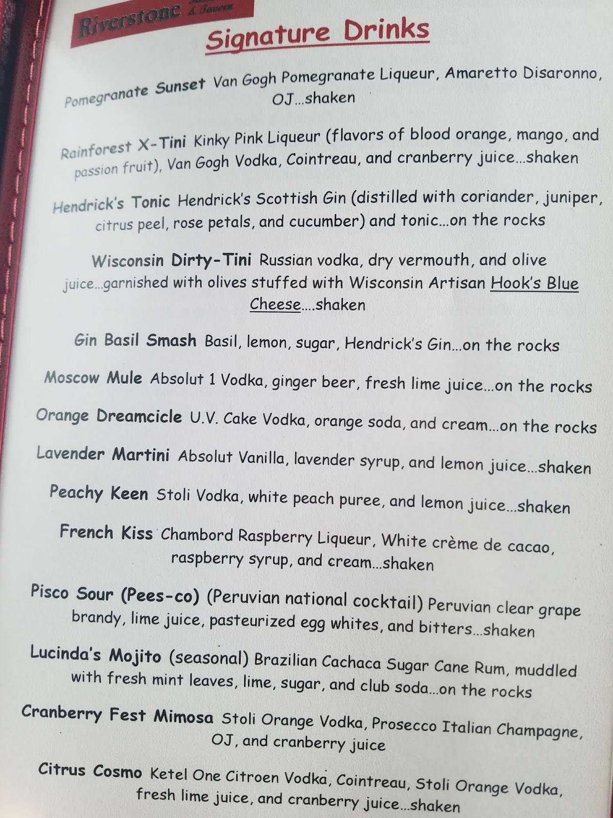 Menu at Riverstone Restaurant & Tavern, Eagle River, 219 N Railroad St