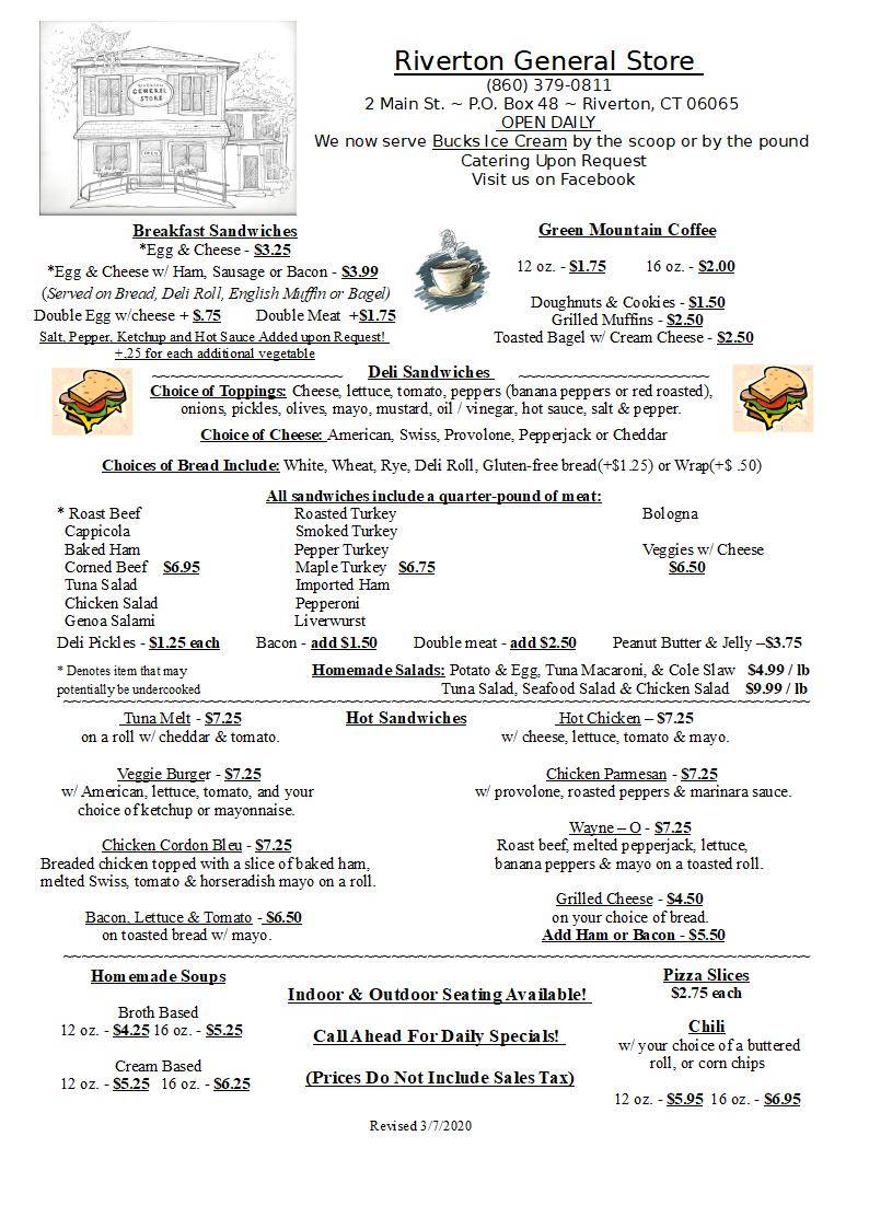 Menu at Riverton General Store restaurant, Barkhamsted