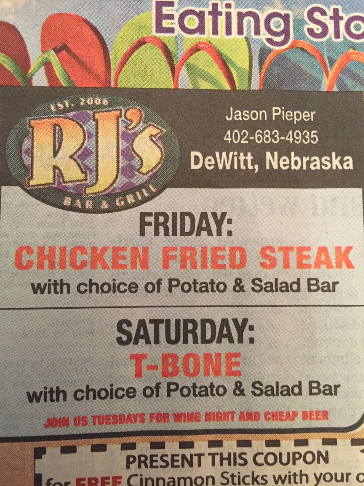Menu at Rj's Bar & Grill, De Witt