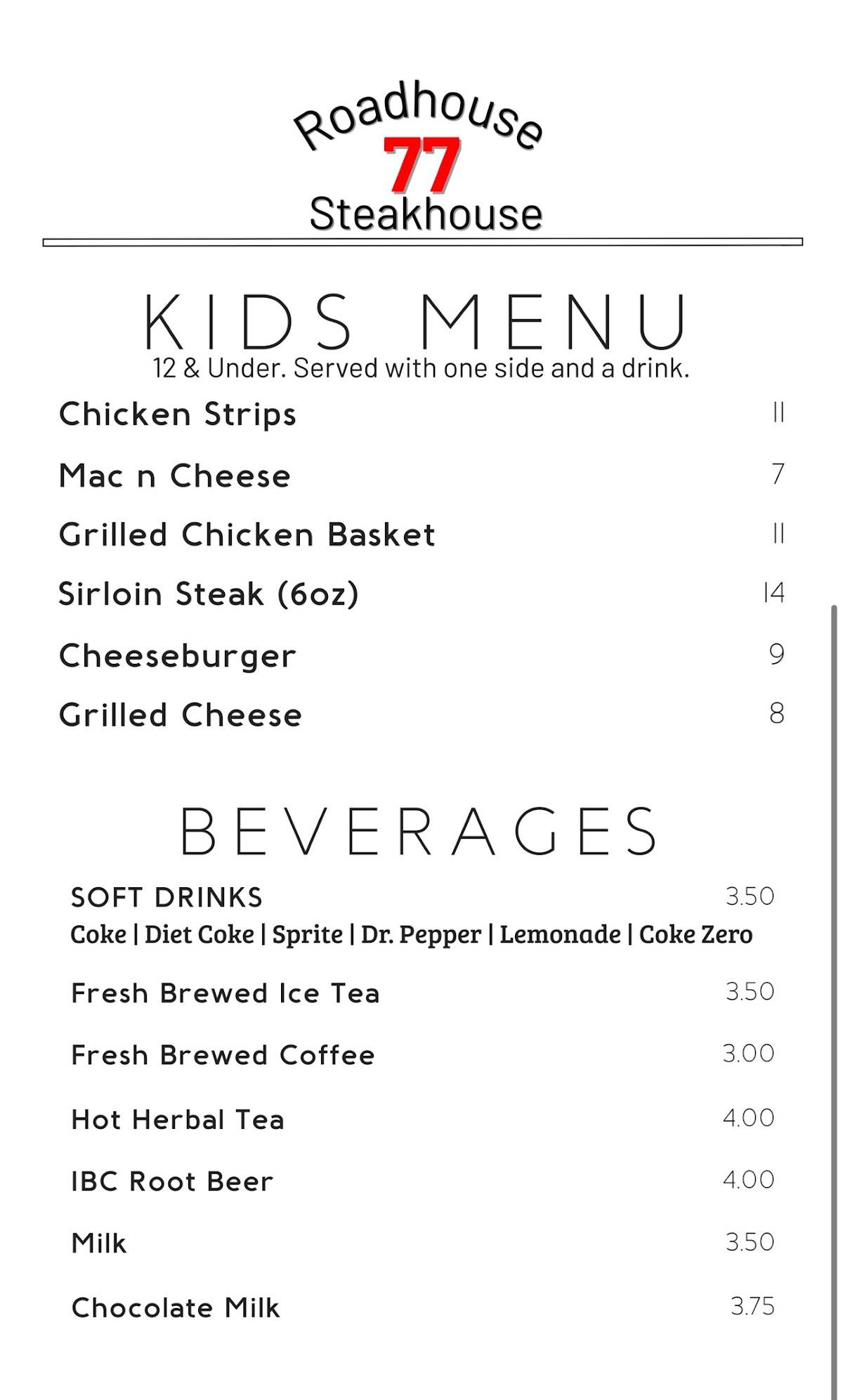Menu at Roadhouse 77 restaurant, Durant, 116 N 2nd Ave