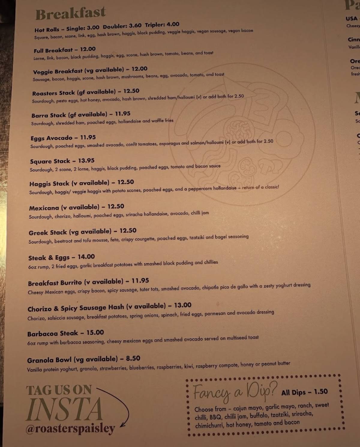 Menu at Roasters cafe, Paisley