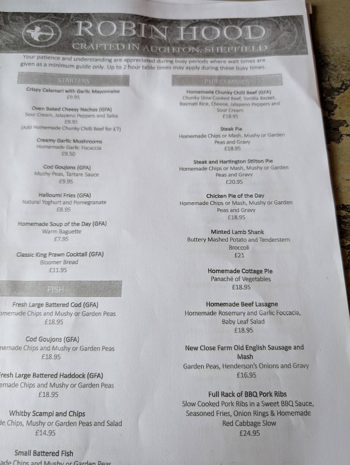 Menu at Robin Hood Inn pub & bar, Sheffield, 64 Main St