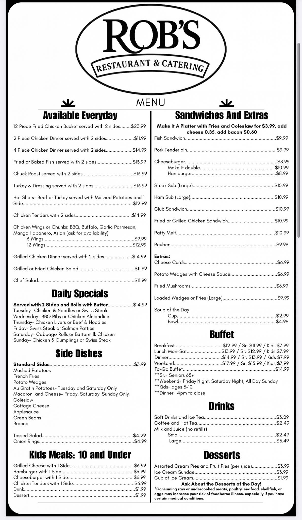 Menu at Rob's Restaurant & Catering, Brookville