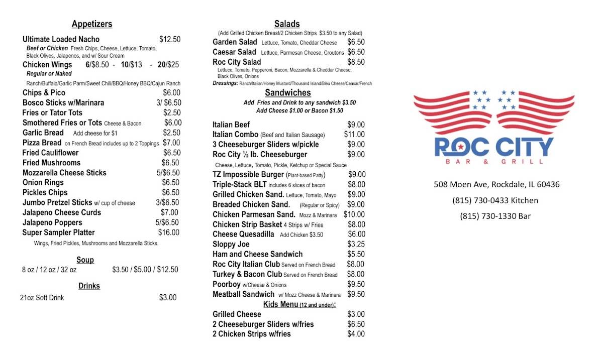 Menu at Roc City Bar & Grill, Rockdale, 508 Moen Ave