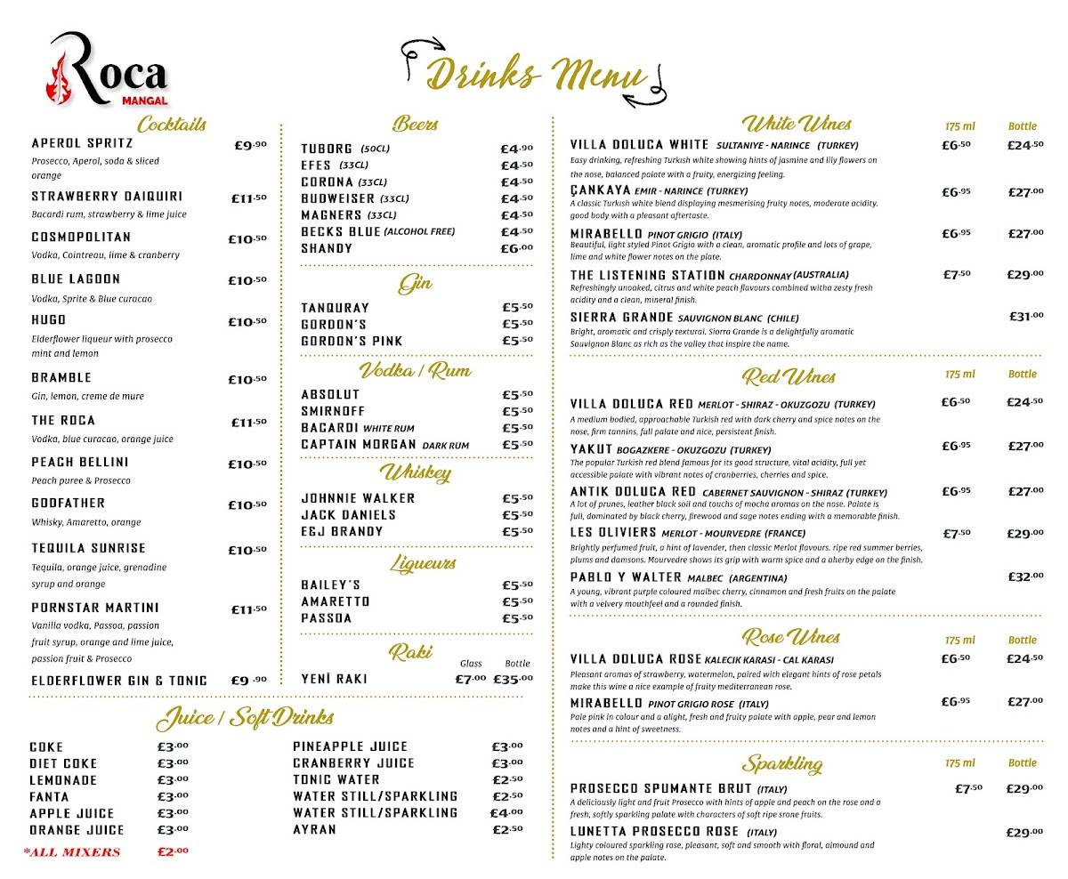 Menu at Roca Mangal restaurant, London