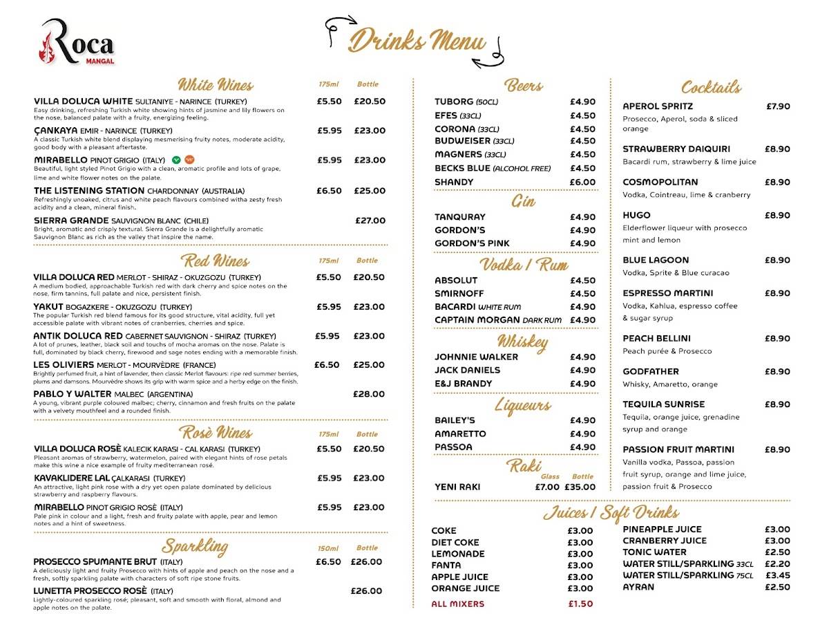 Menu at Roca Mangal restaurant, London