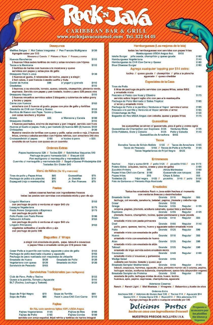 Menu at Rock 'n Java Cozumel Caribbean Bar & Grill, San Miguel de Cozumel