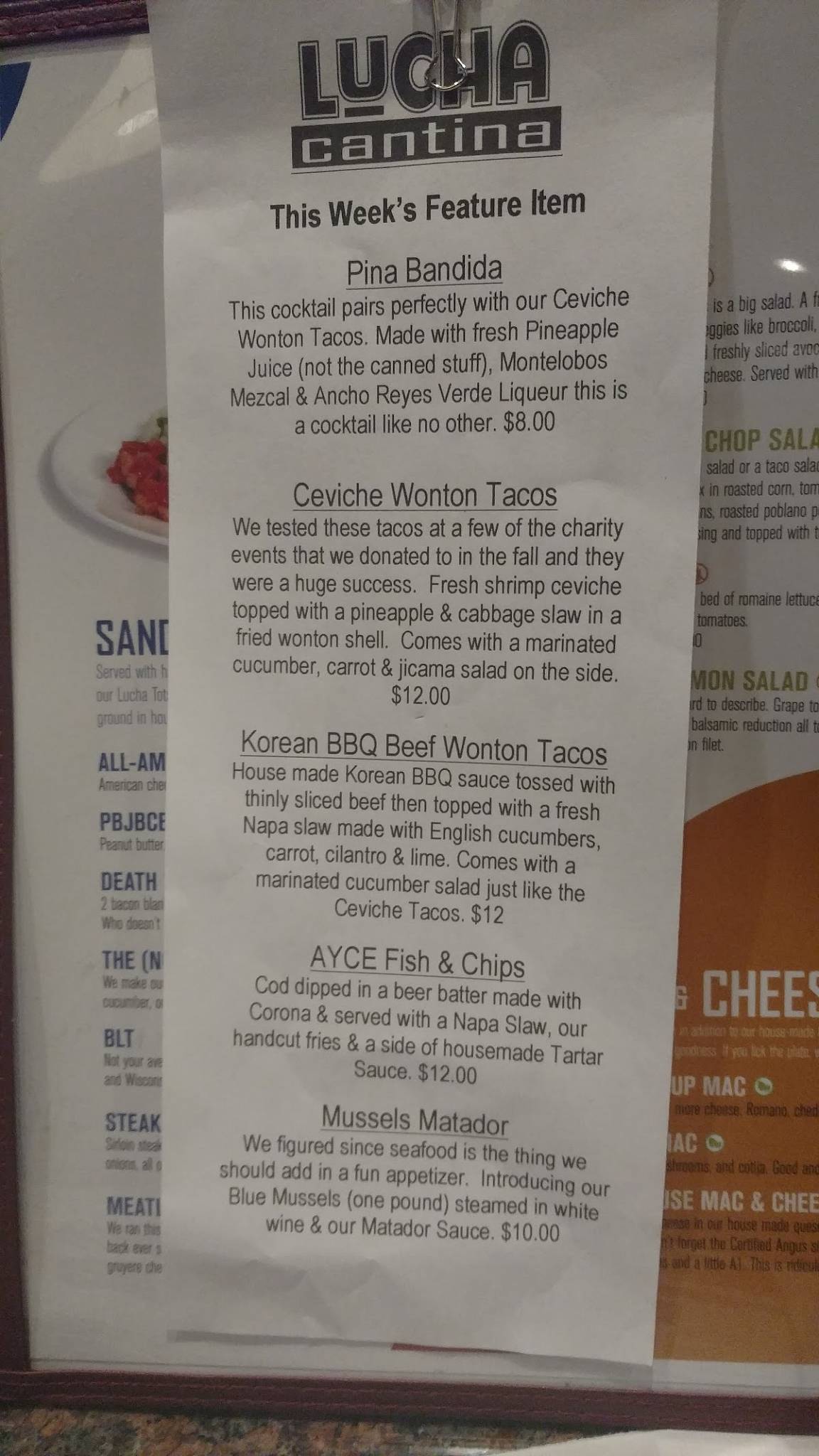 Menu at Lucha Cantina restaurant, Rockford