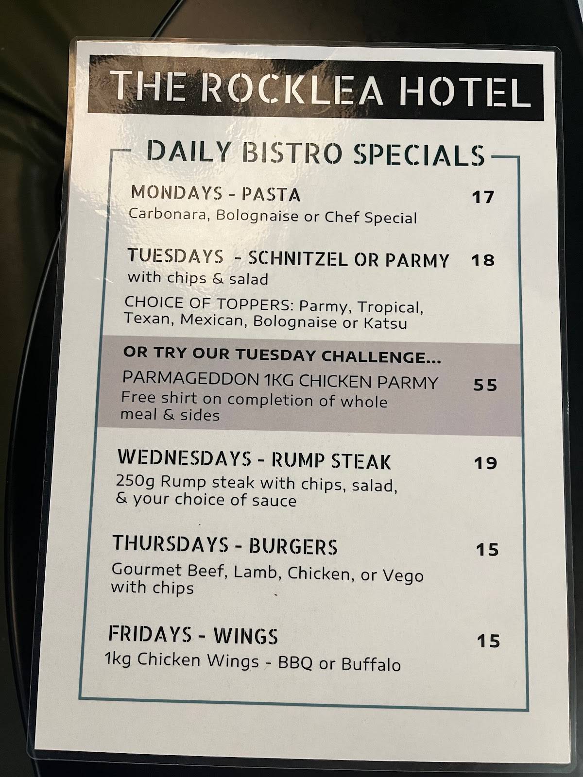 Menu at Rocklea Hotel pub & bar, Rocklea, Ipswich Rd