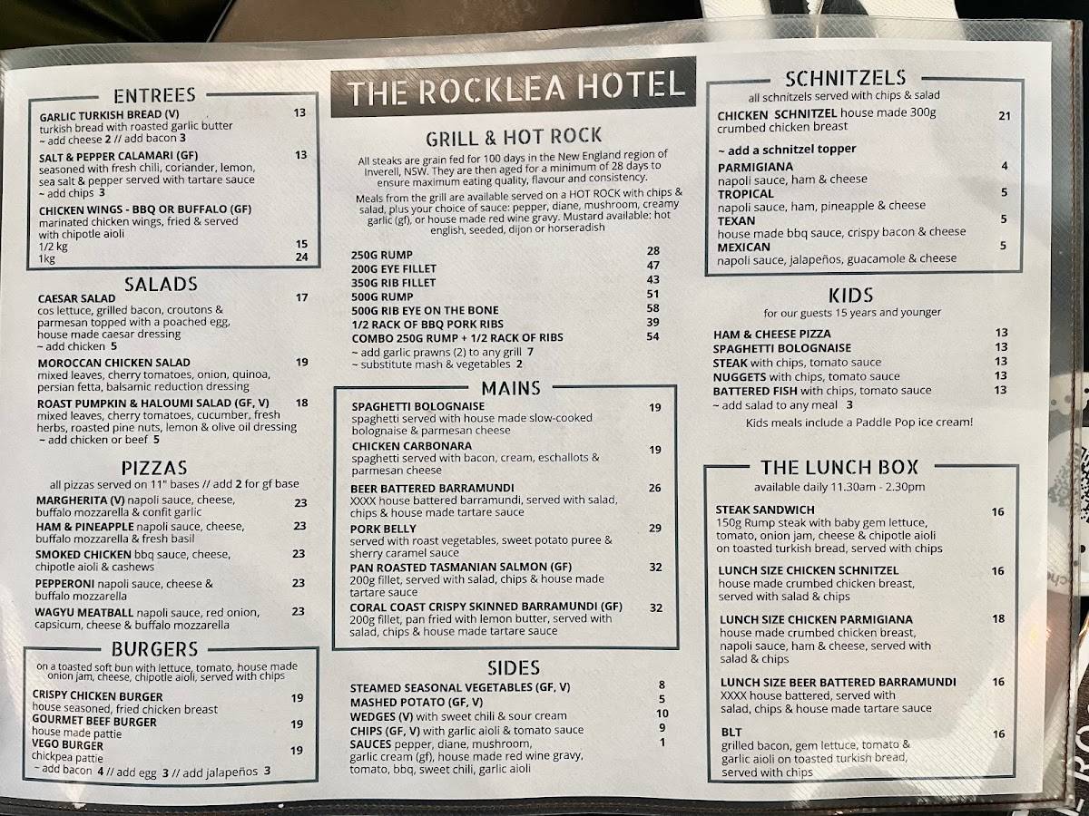 Menu at Rocklea Hotel pub & bar, Rocklea, Ipswich Rd