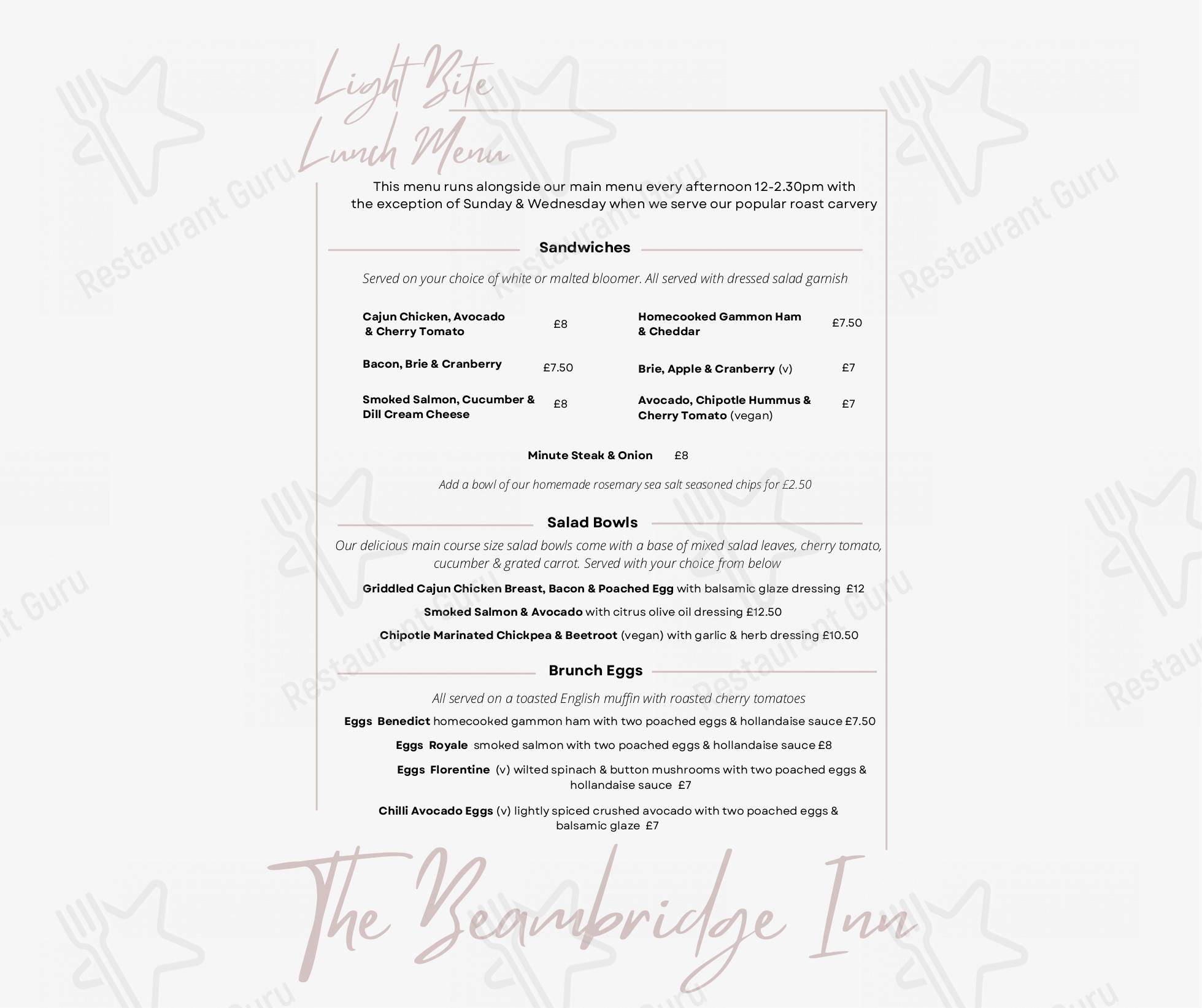 Menu at Beambridge Inn pub & bar, Wellington