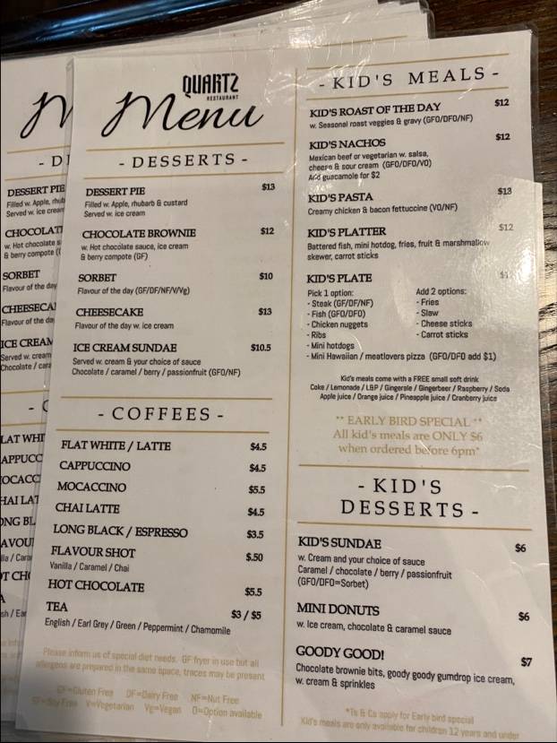 Menu at Quartz Restaurant, Rolleston